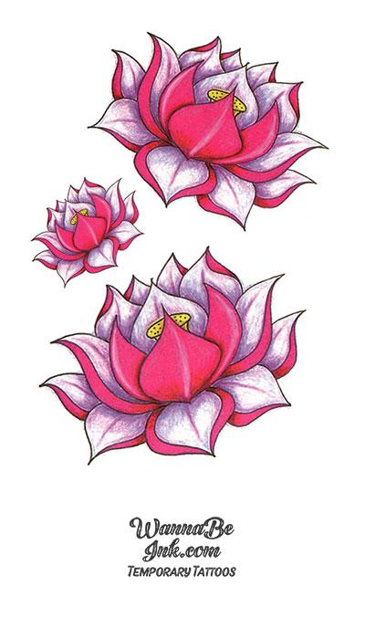 3 Pink and White Lotus Blossoms Best Temporary Tattoos| WannaBeInk.com