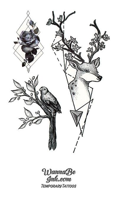 Bird and Blooming Stag Best Temporary Tattoos| WannaBeInk.com