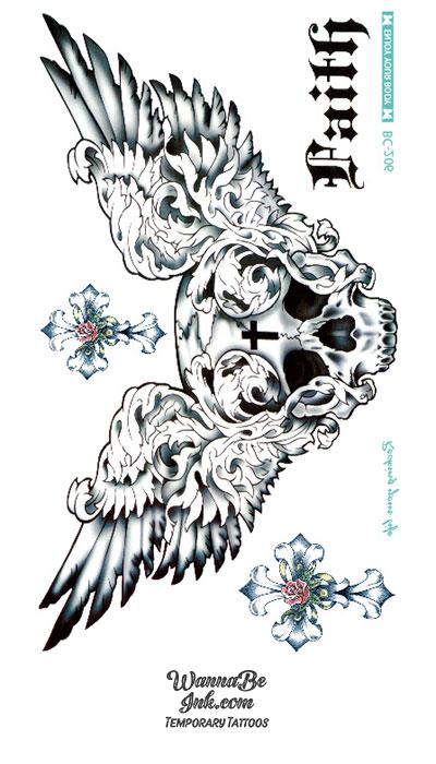 "Faith" with Winged Skull and Cross Temporary Chest Tattoos| WannaBeInk.com