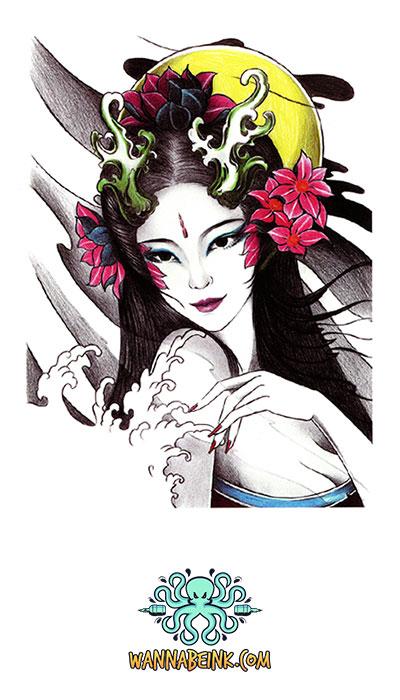 Asian Princess Holding Kabuki face Best Temporary Tattoos| WannaBeInk.com