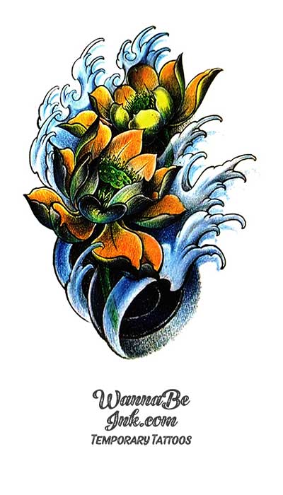 Orange Lotus in Blue Waves Best Temporary Tattoos| WannaBeInk.com