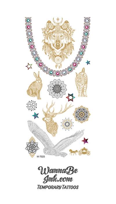 Wolf Bobcat Stag Rabbit and Eagle With Jeweled Neckalce Mettalic ...
